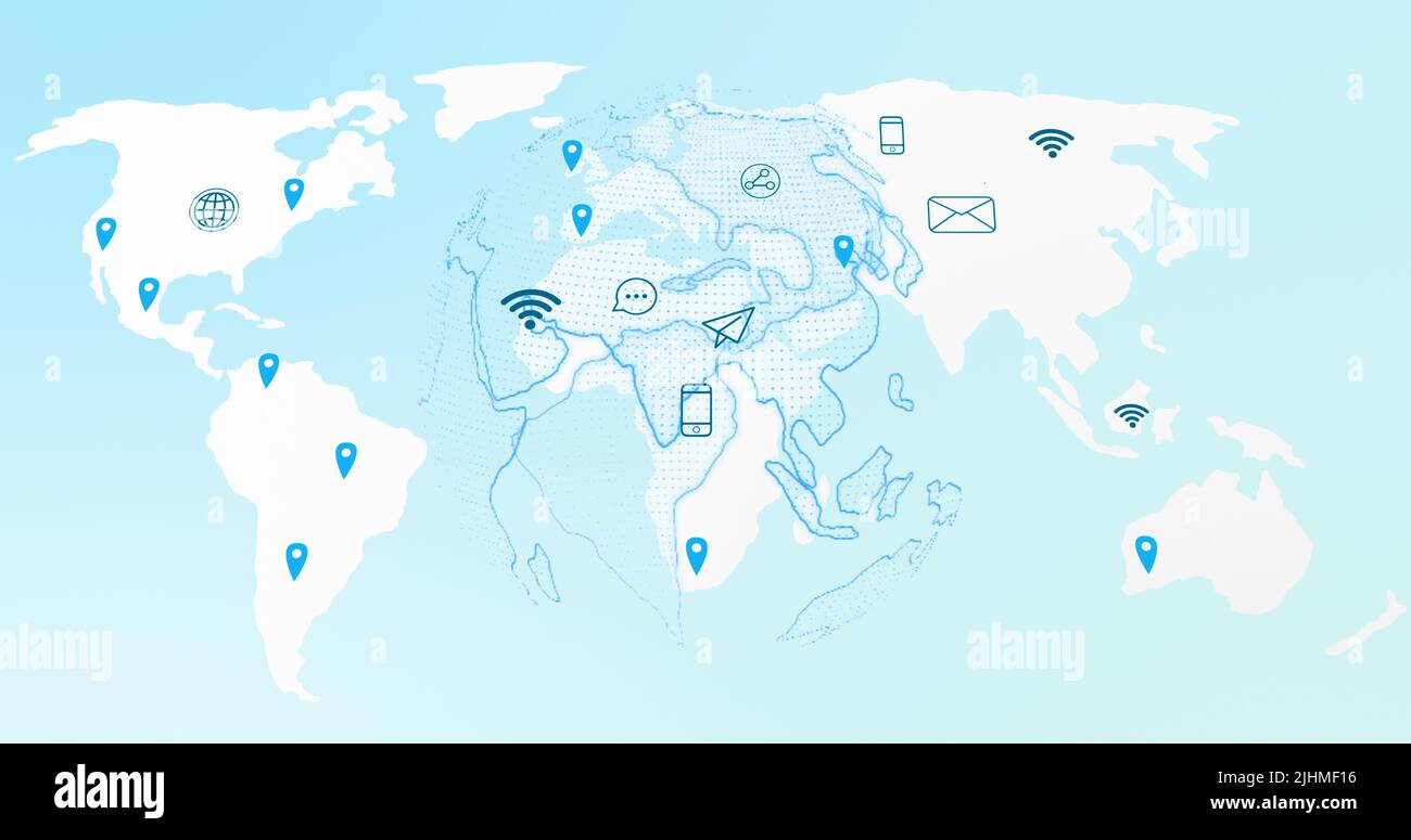 Image of world map with location marks and tech icons on light blue ...