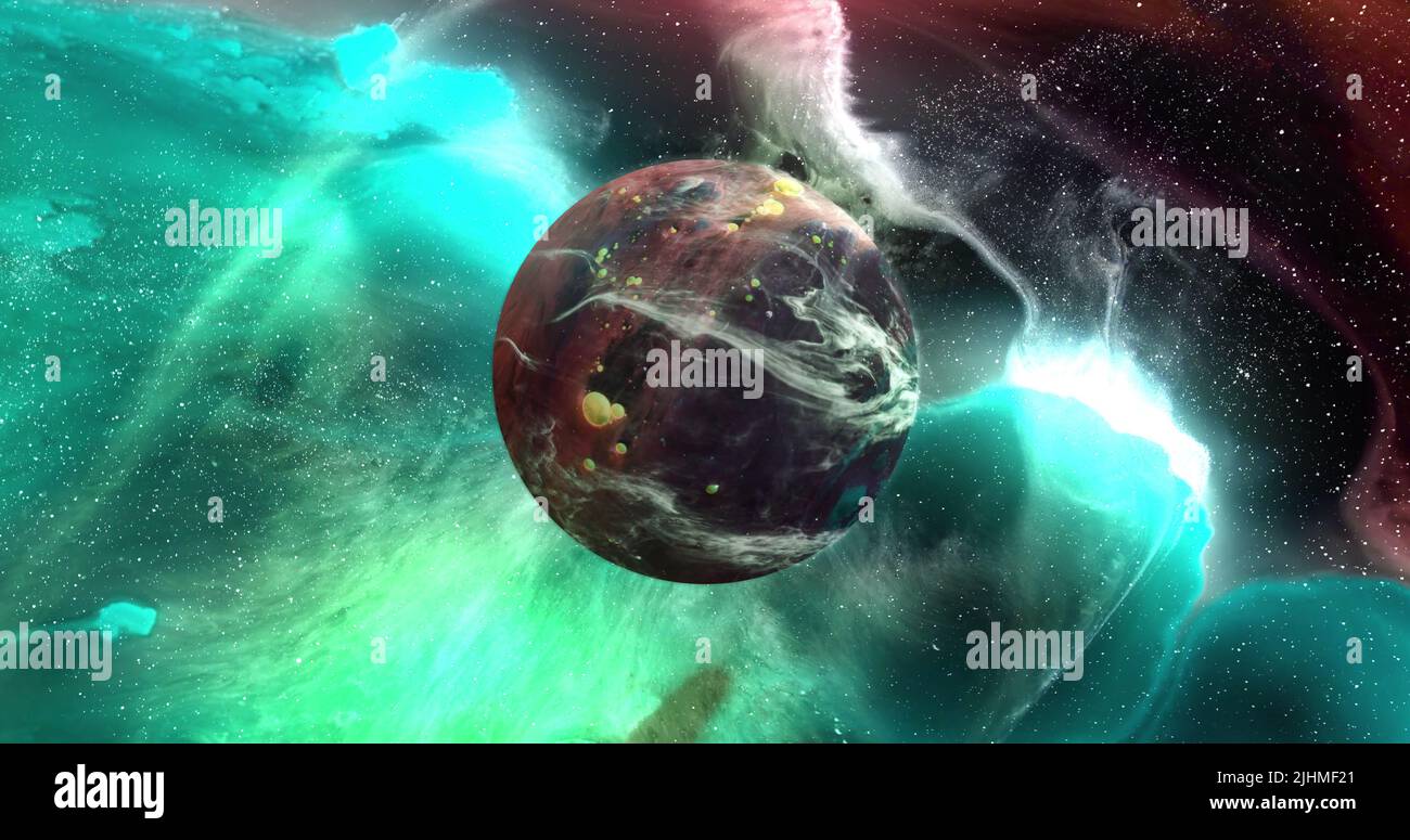 Image of brown planet in green galaxy Stock Photo - Alamy