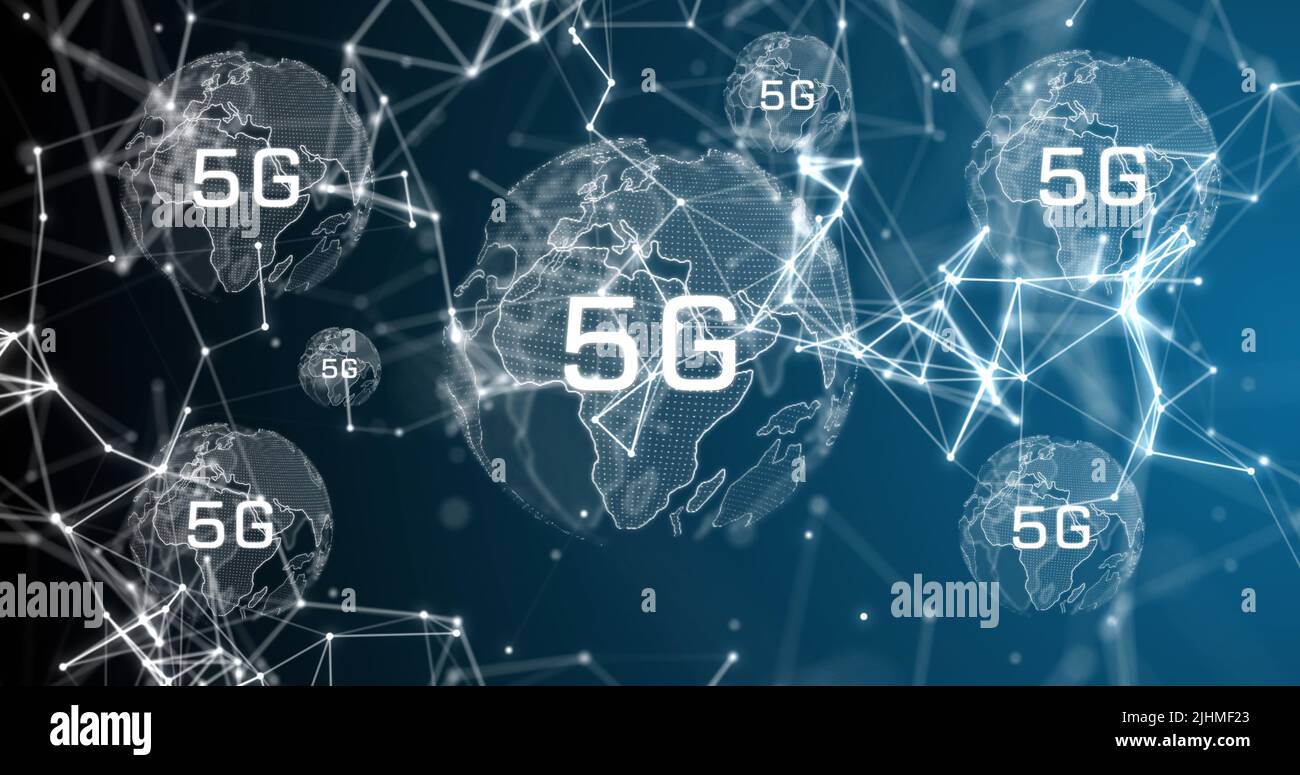 Image of rotating globes, connections and 5g on blue background Stock ...