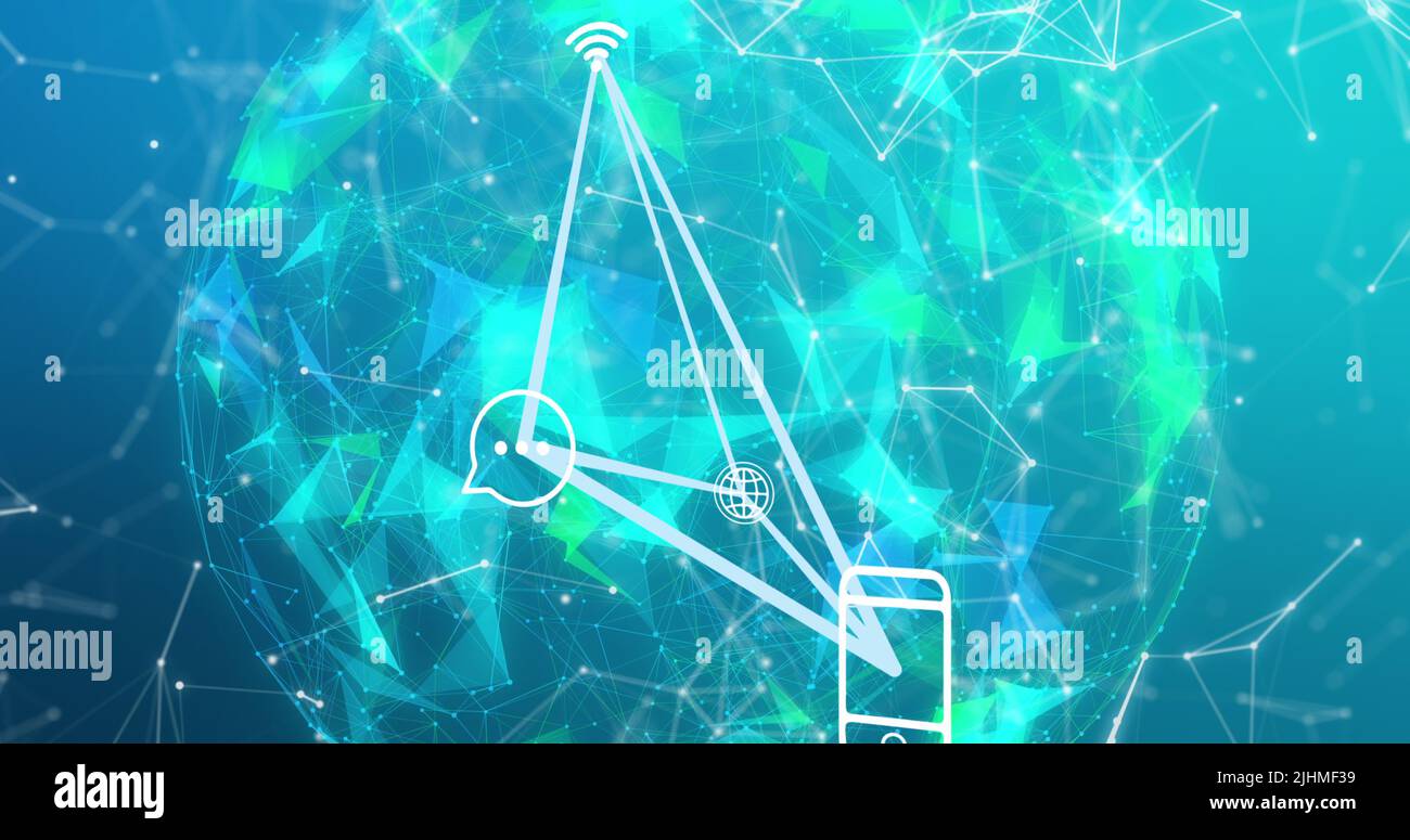 Image of smartphone and connections with tech icons over globe on blue ...