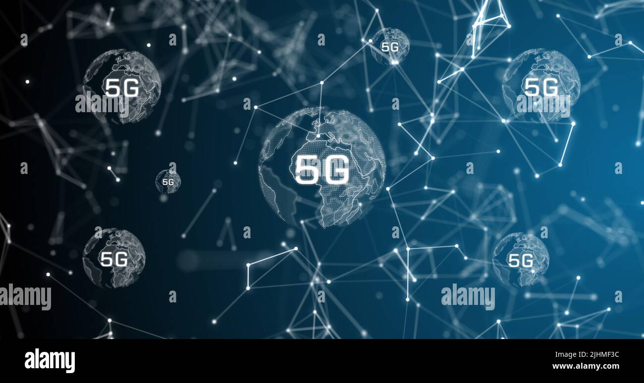 Image of rotating globes, connections and 5g on blue background Stock ...