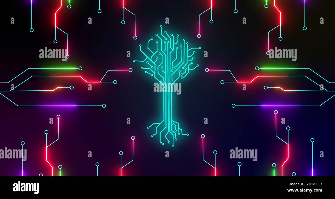 Image of integrated circuit and digital tree on black background Stock ...