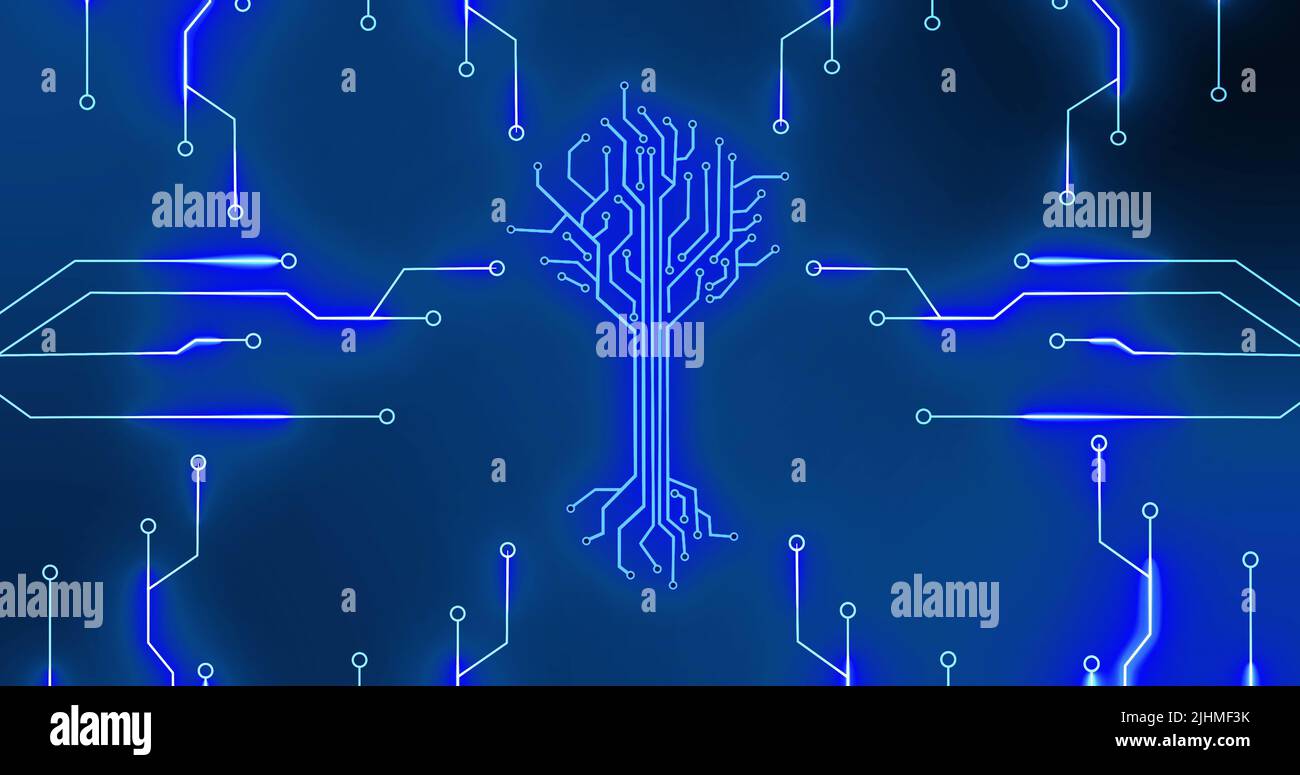 Image of integrated circuit and digital tree on blue background Stock ...