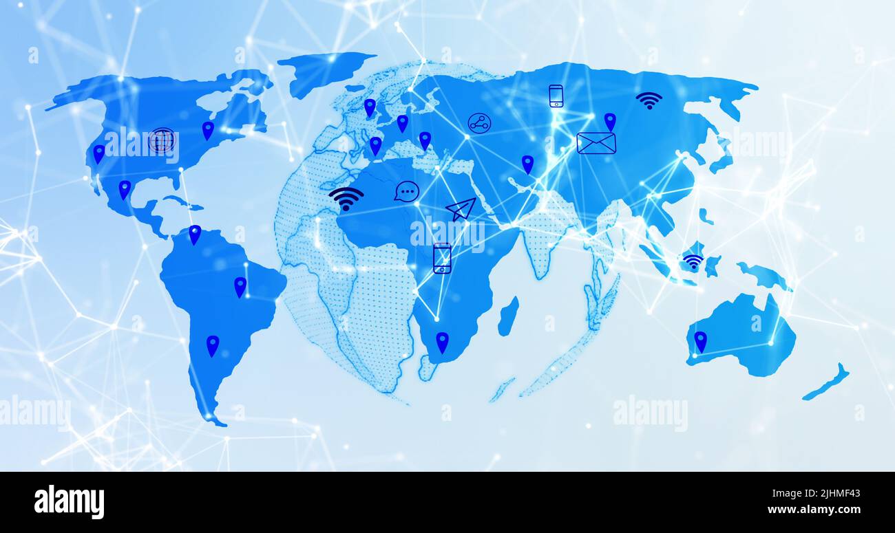 Image of world map with location marks and tech icons on light blue ...