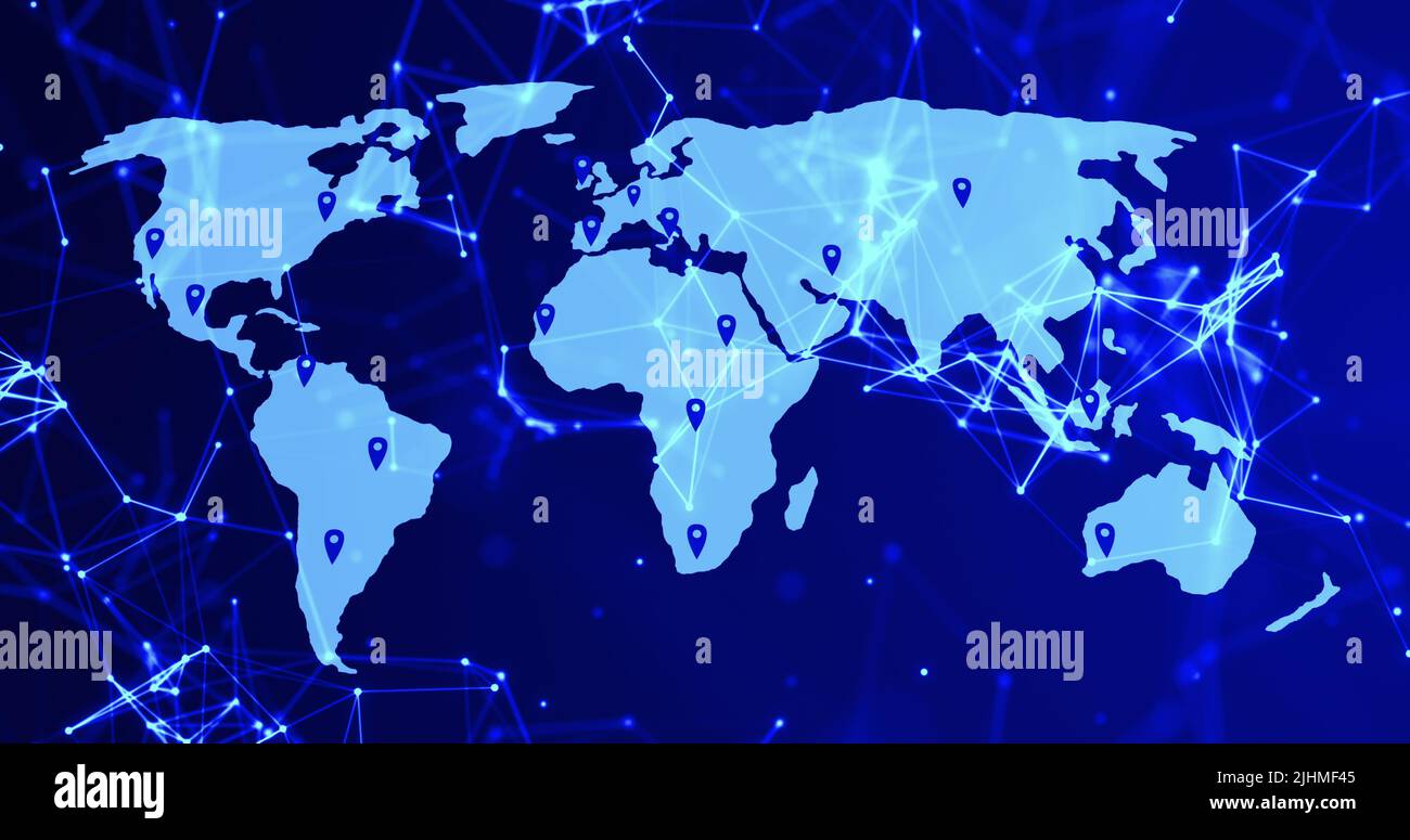Image of world map with location marks and connections on blue ...