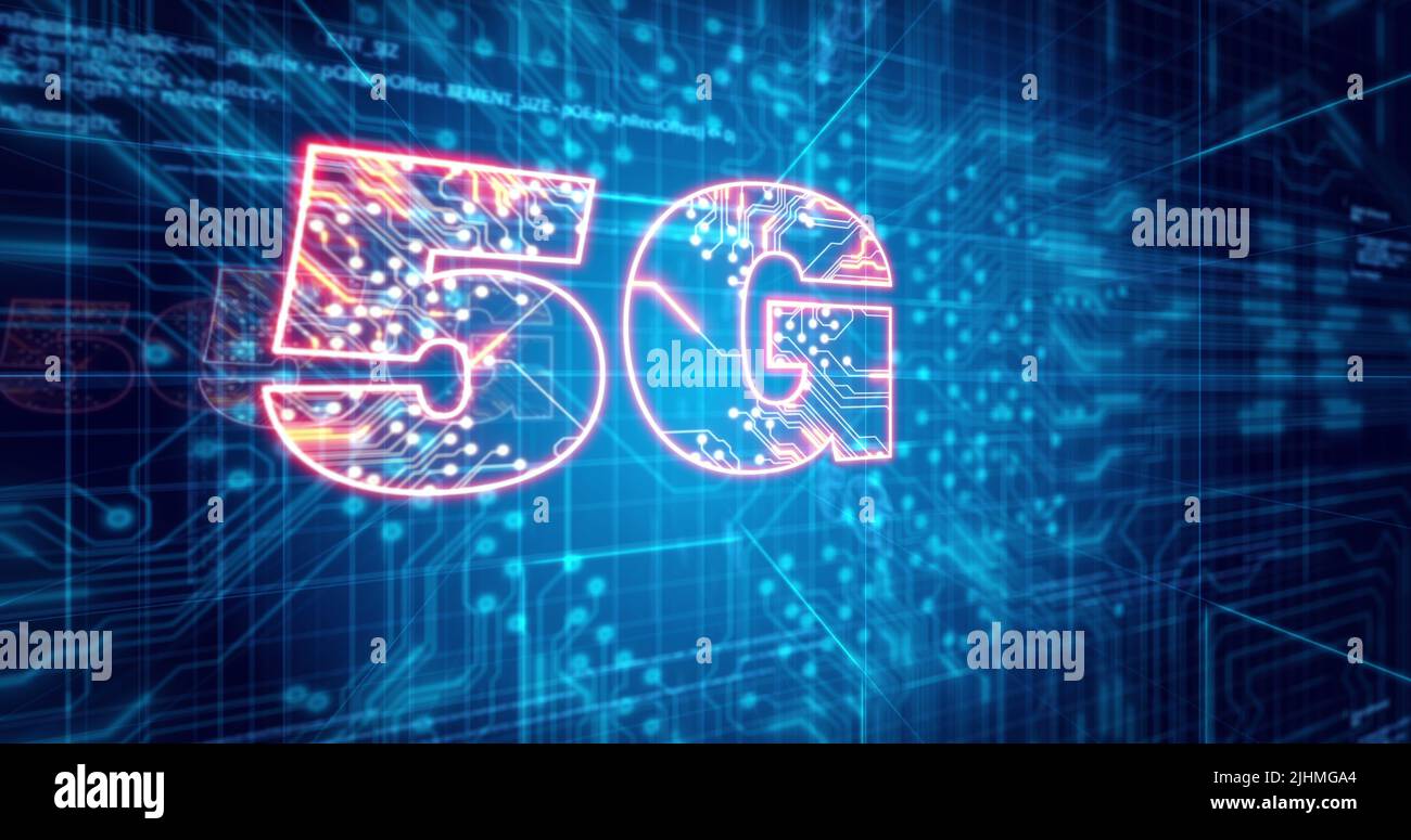 Image of glowing orange 5g text over blue processor socket Stock Photo ...