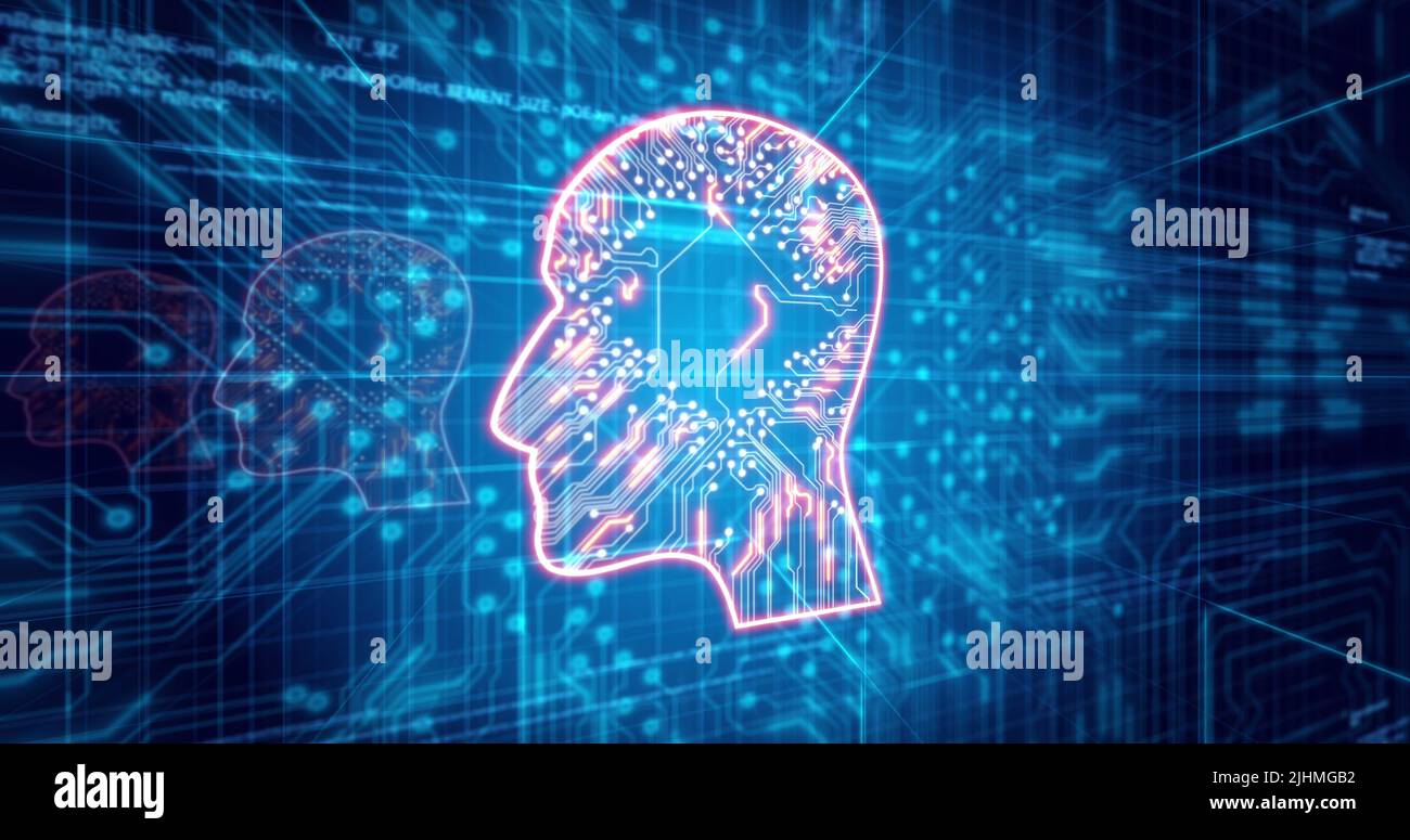 Image of glowing orange human head over blue processor socket Stock ...