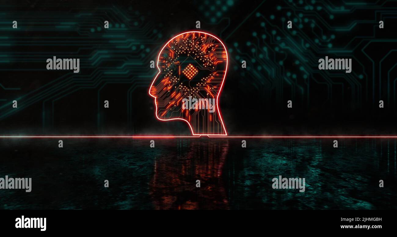 Image of glowing orange human head k over blue processor socket Stock ...