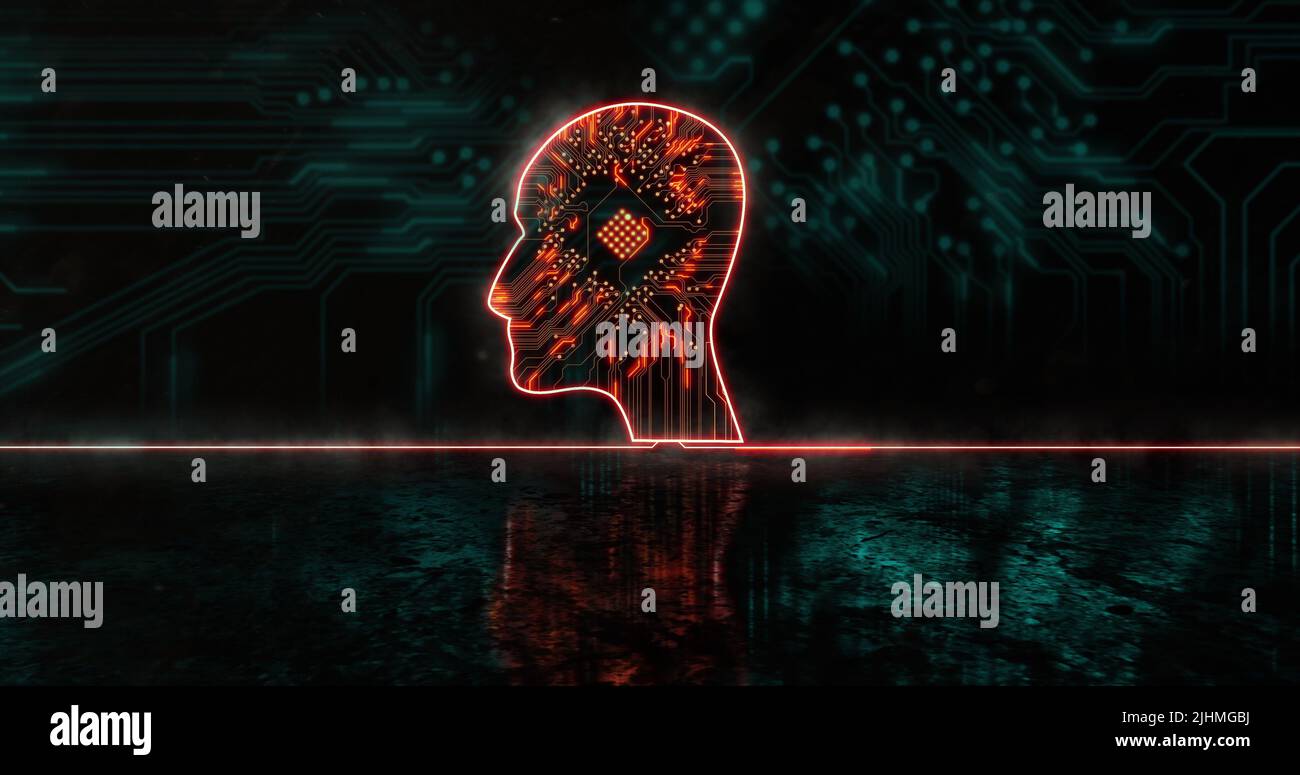 Image of glowing orange human head k over blue processor socket Stock ...