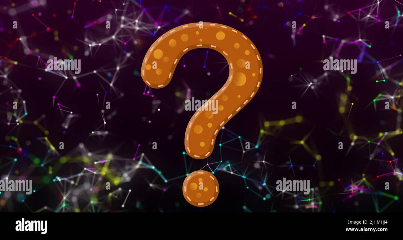 Image of question mark icon over network of connections on black ...
