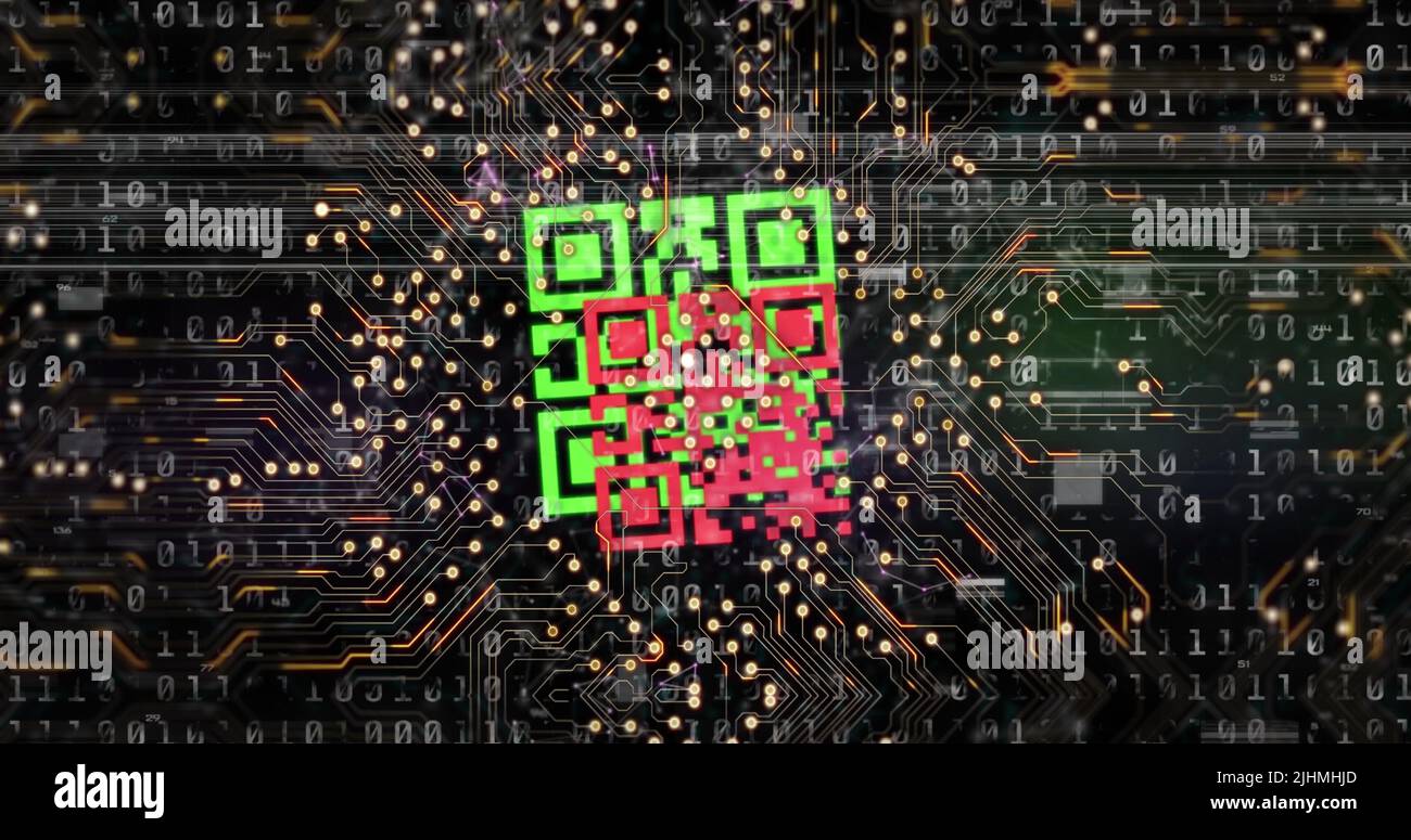 Image of interference over qr code, computer circuit board and data processing Stock Photo - Alamy