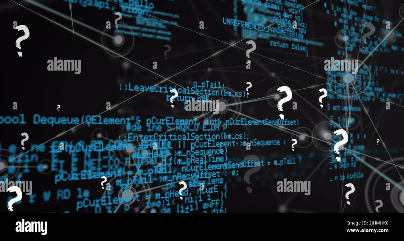 Image of question mark icons over network of connections and data ...
