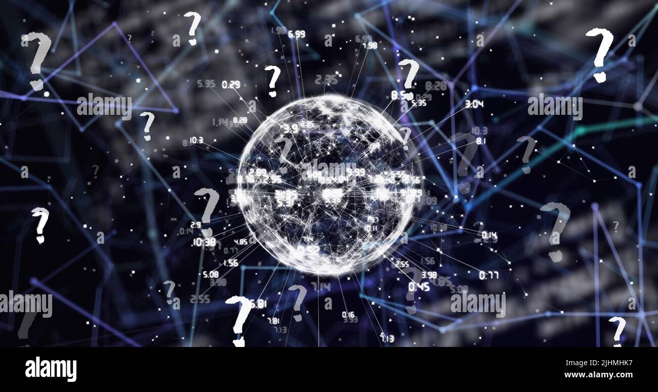 Image of question mark icons over network of connections and data ...