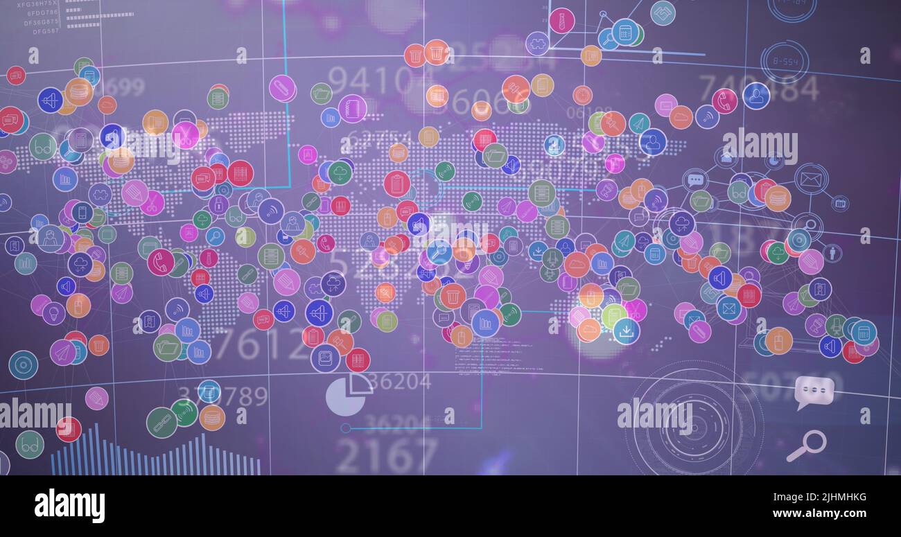 Image of data processing over network of connections with icons on ...