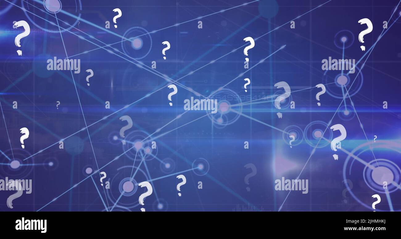 Image of question mark icons over network of connections on blue ...