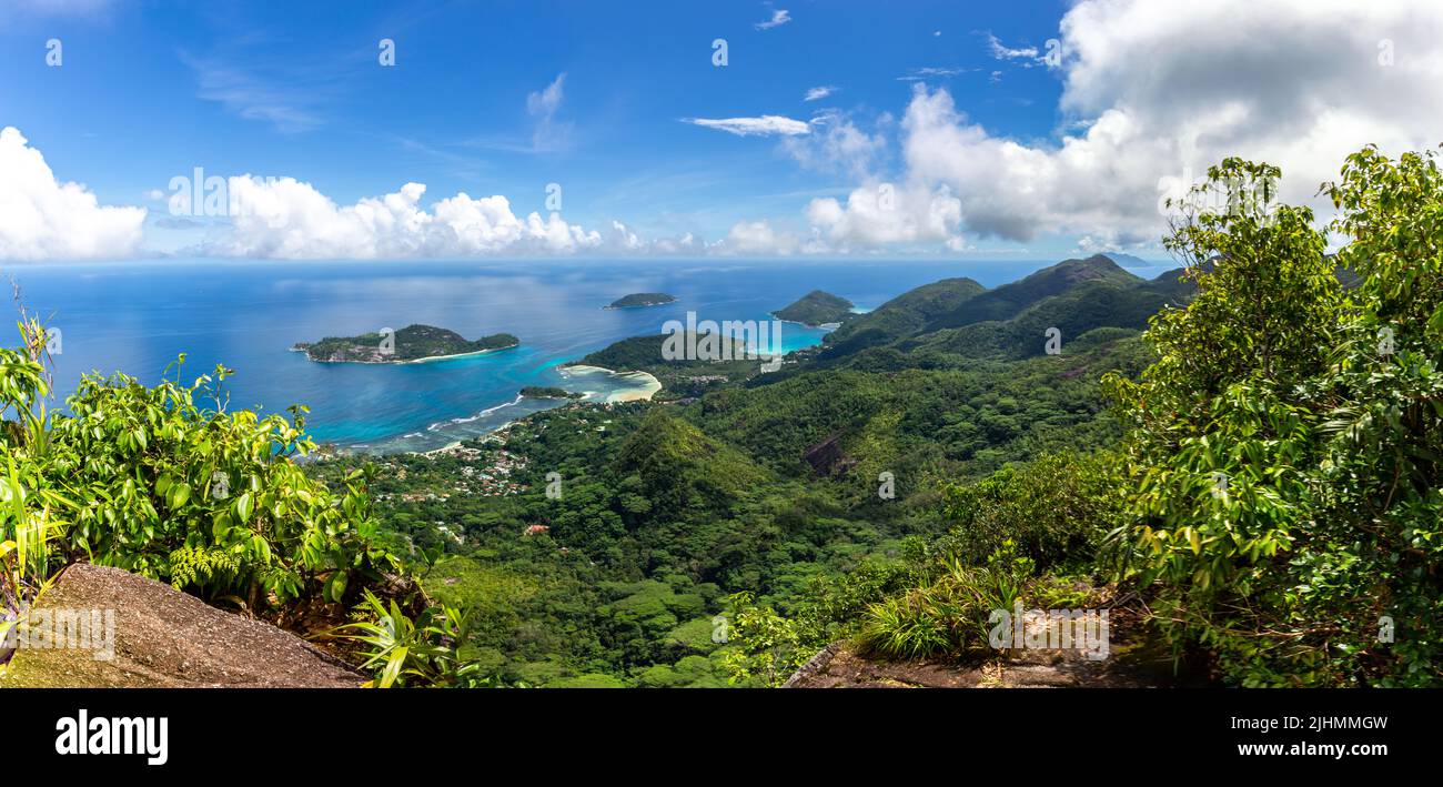 Panorama of Mahe Island, Seychelles, coastline from Morne Blanc View ...