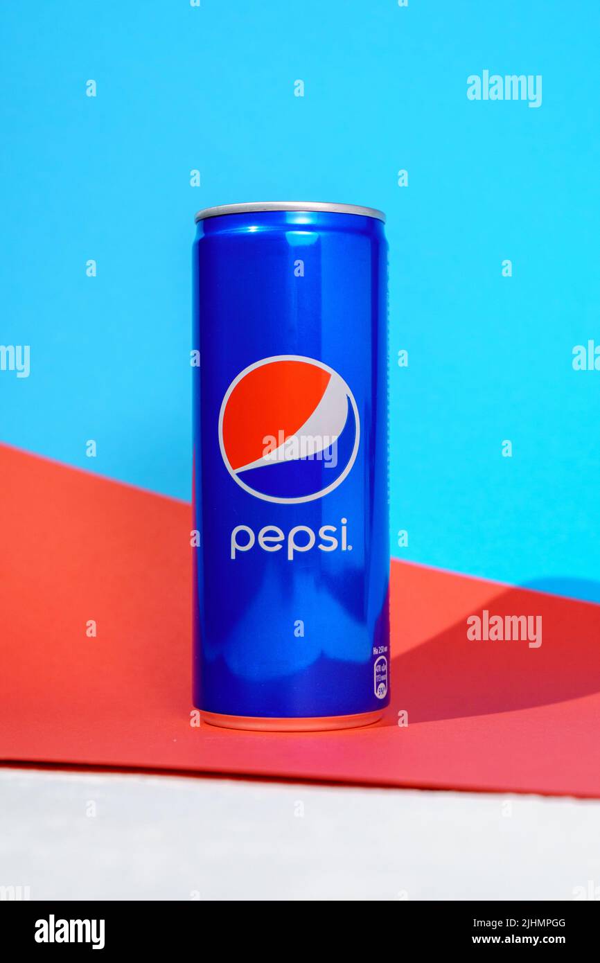 Tyumen, Russia-June 30, 2022: Pepsi drink in a can colorful background ...
