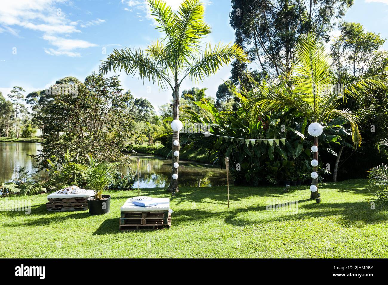 Lounge area for guests outside, improvised sofas Stock Photo - Alamy