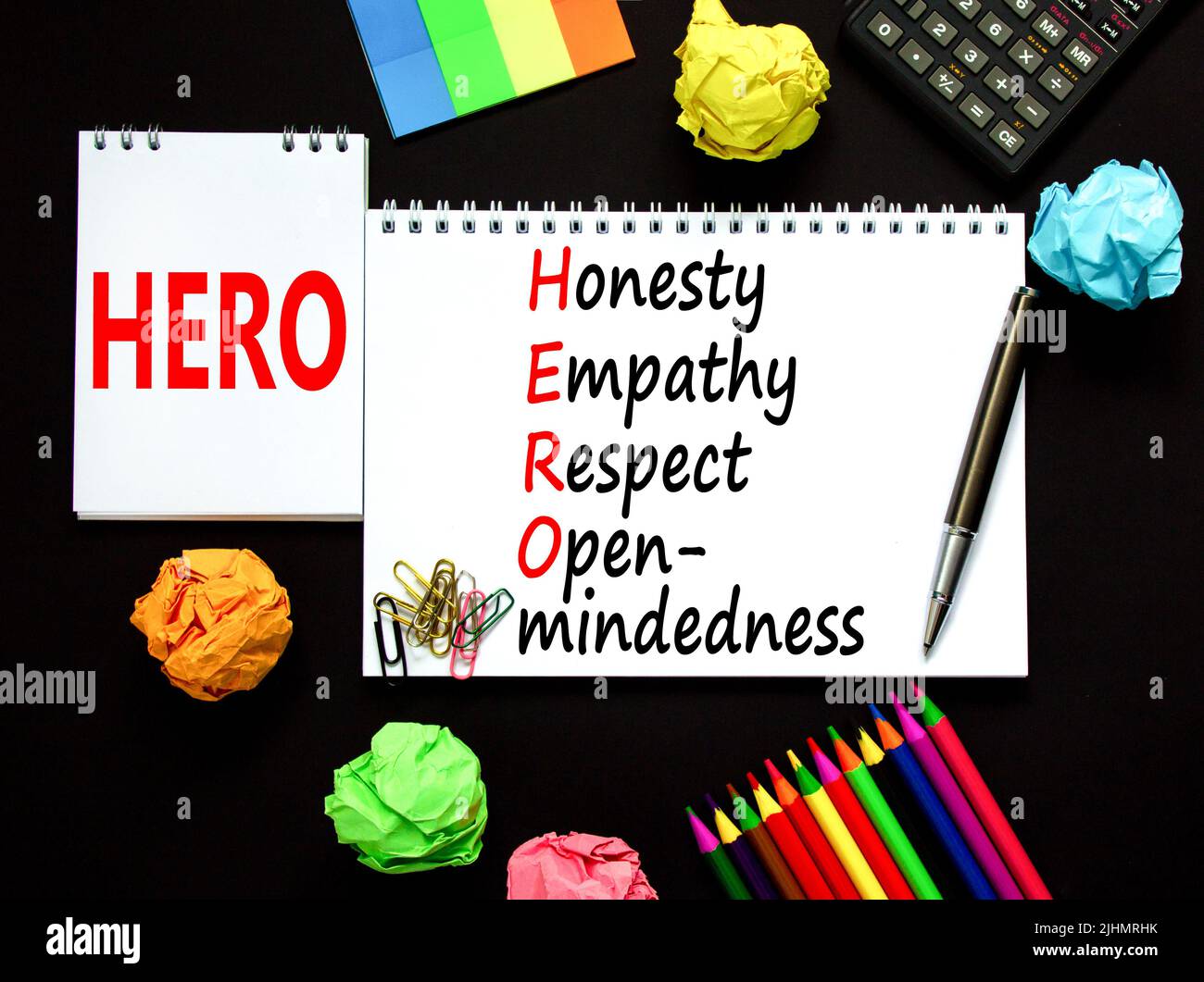 HERO honesty empathy respect open-mindedness symbol. Concept words HERO ...