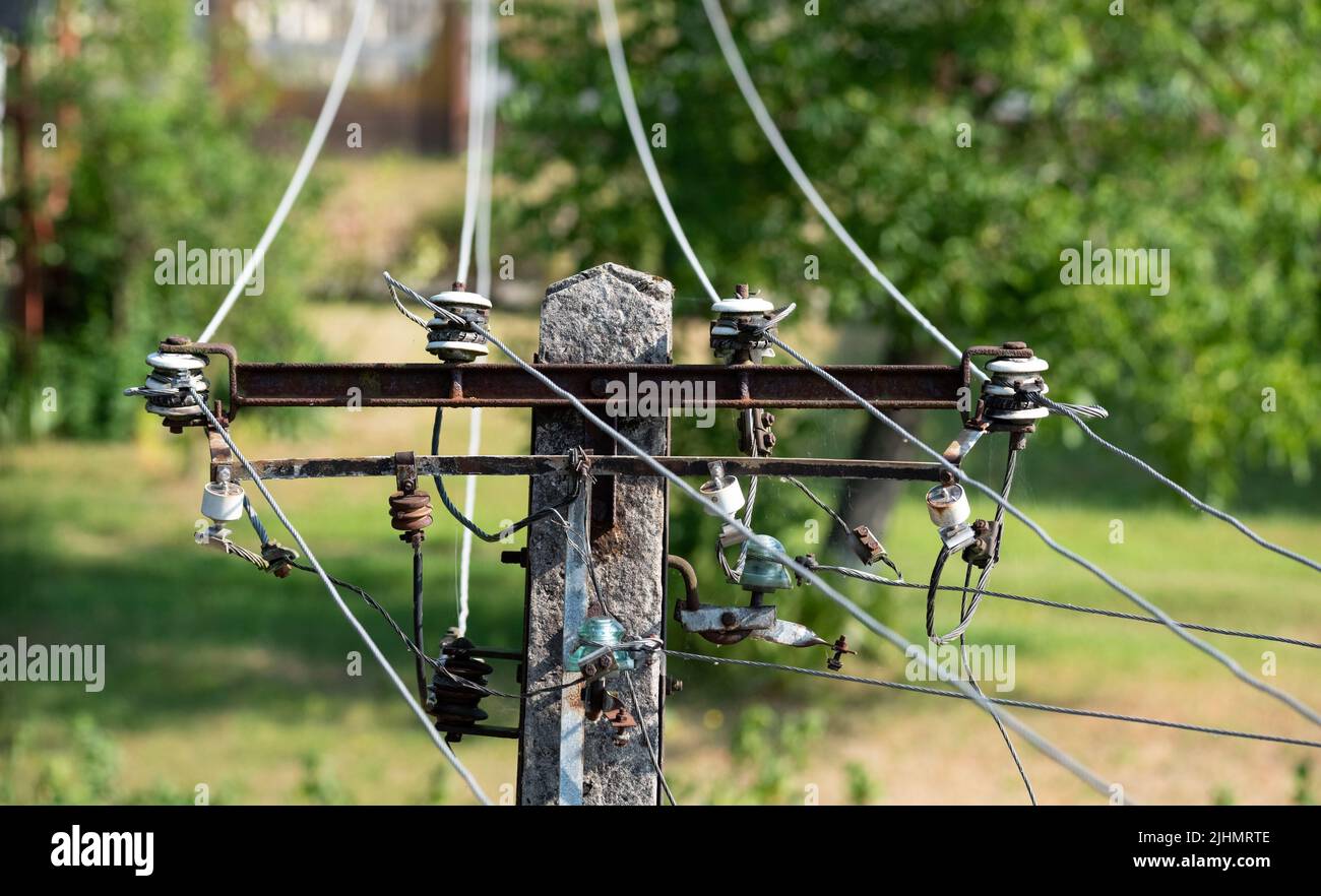 Electrical network. Pole with electric wires. Electric wires on with ...