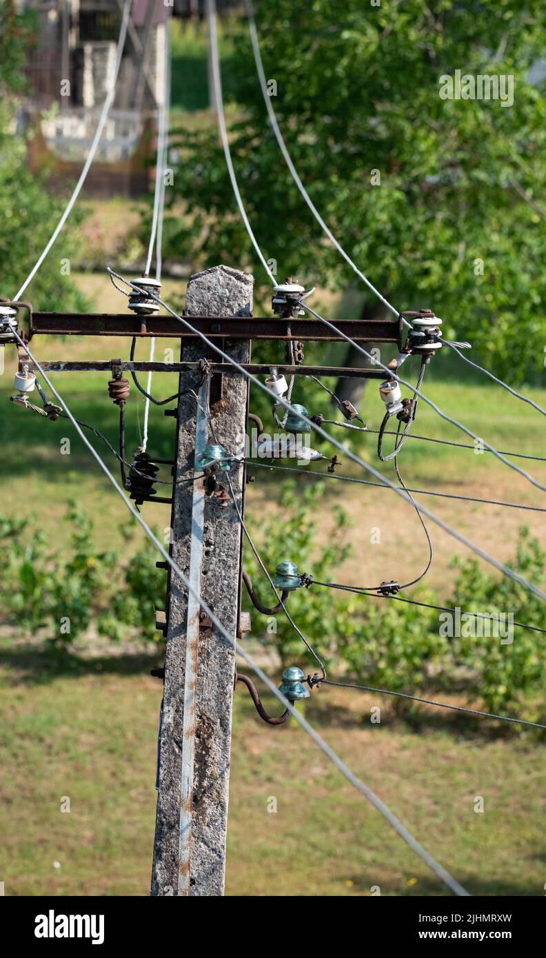 Electrical network. Pole with electric wires. Electric wires on with ...