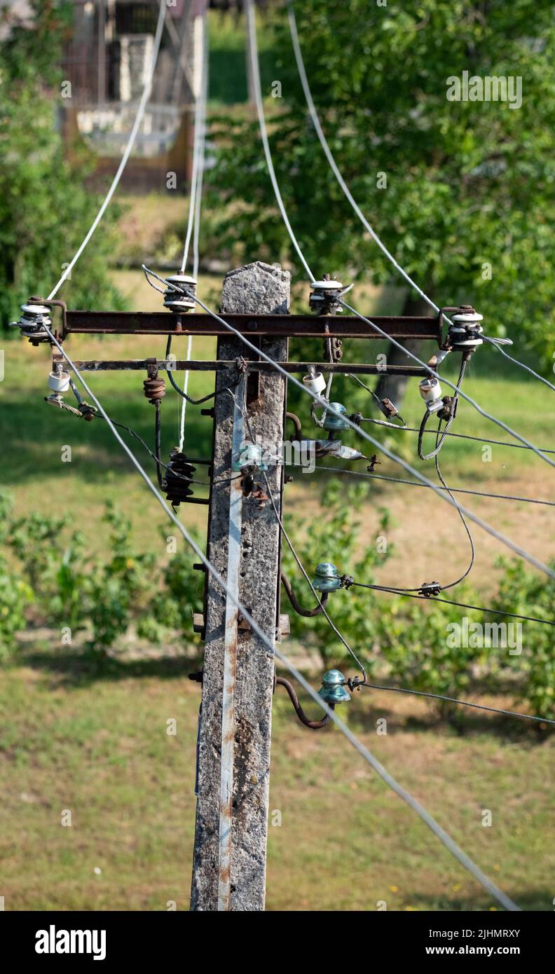 Electrical network. Pole with electric wires. Electric wires on with ...