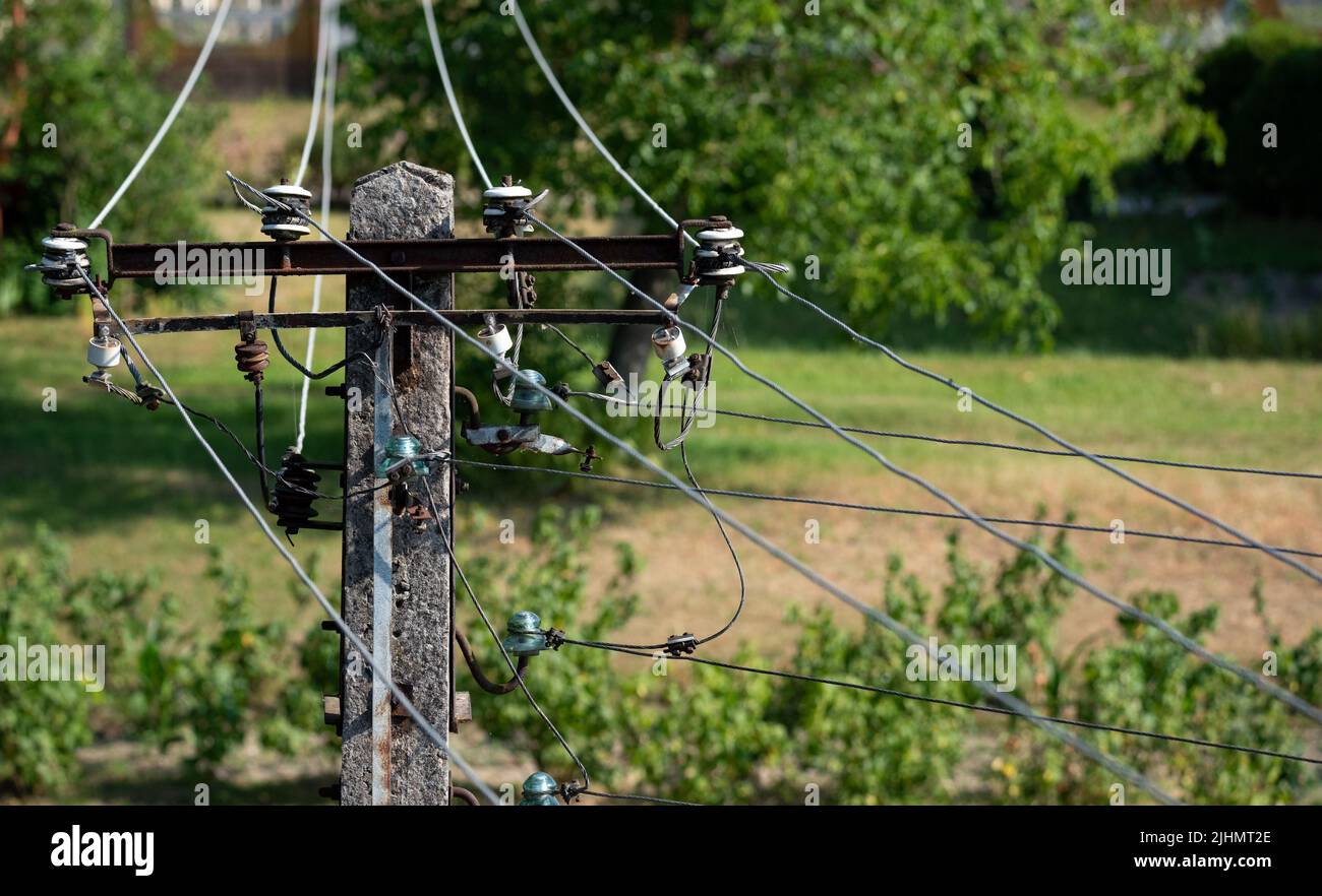 Electrical network. Pole with electric wires. Electric wires on with ...