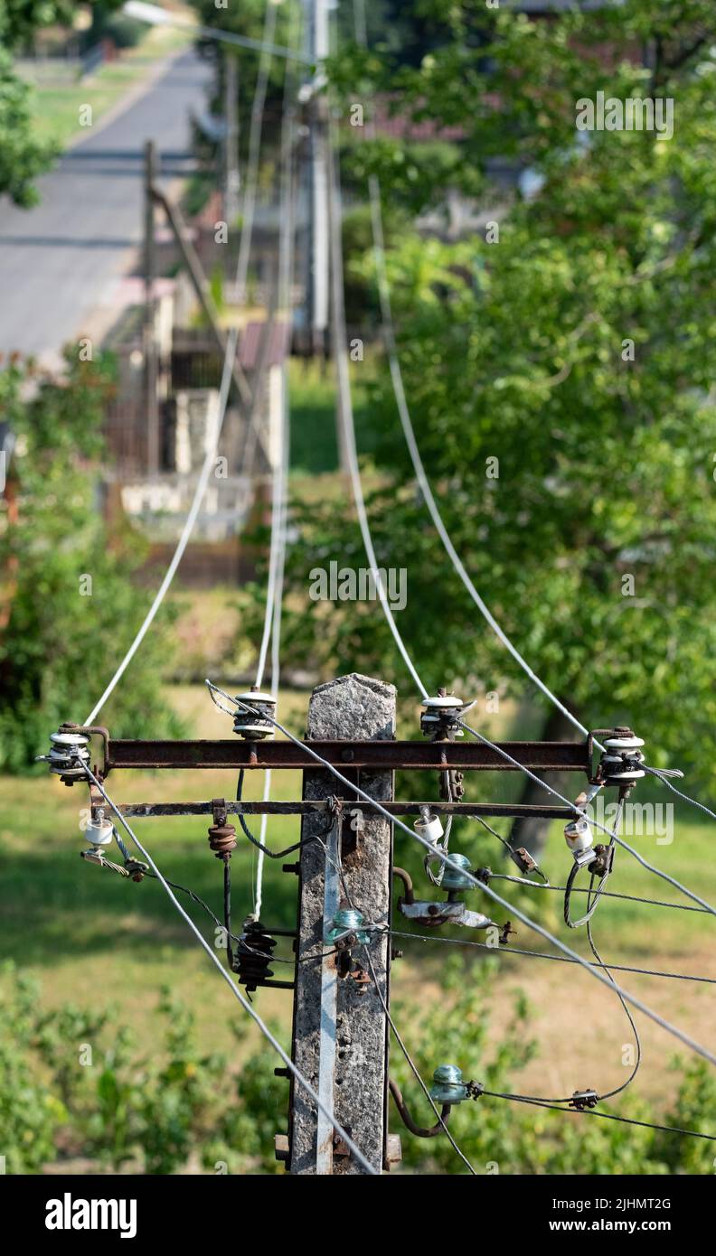Electrical network. Pole with electric wires. Electric wires on with ...