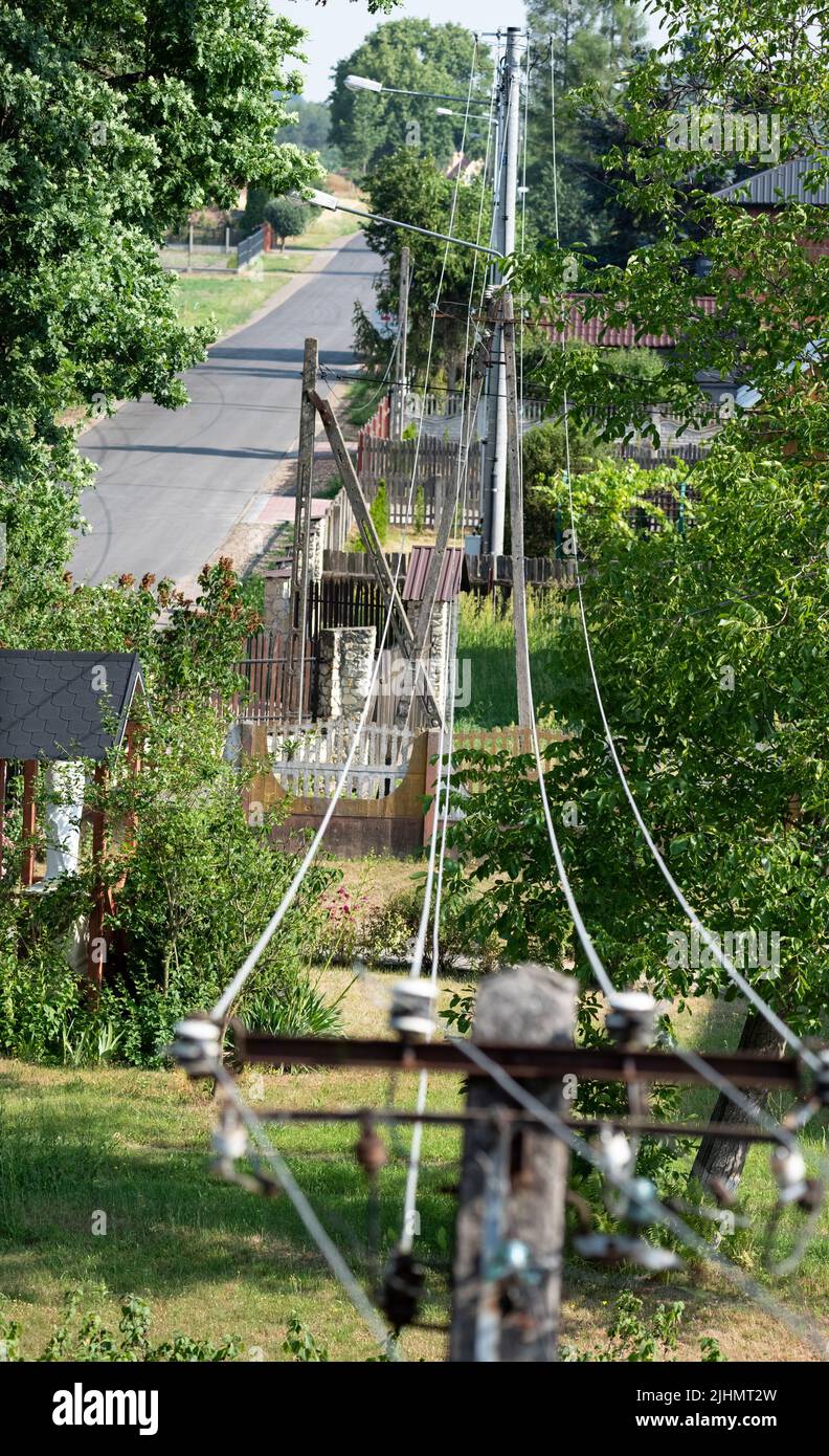 Electrical network. Pole with electric wires. Electric wires on with ...