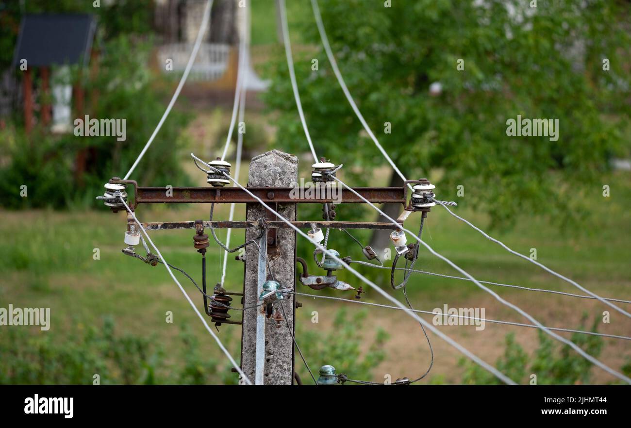Electrical network. Pole with electric wires. Electric wires on with ...