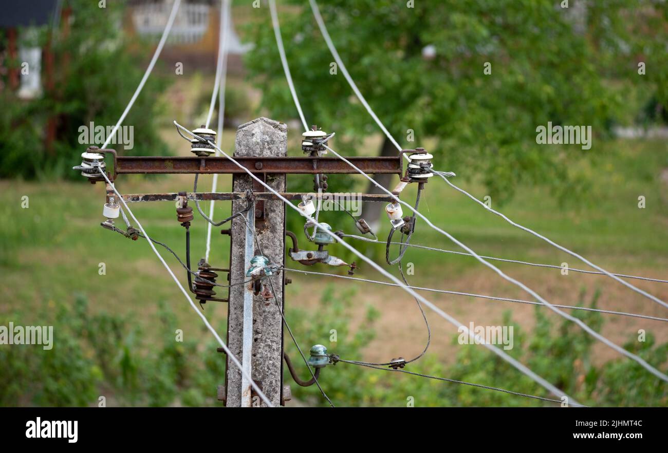 Electrical network. Pole with electric wires. Electric wires on with ...