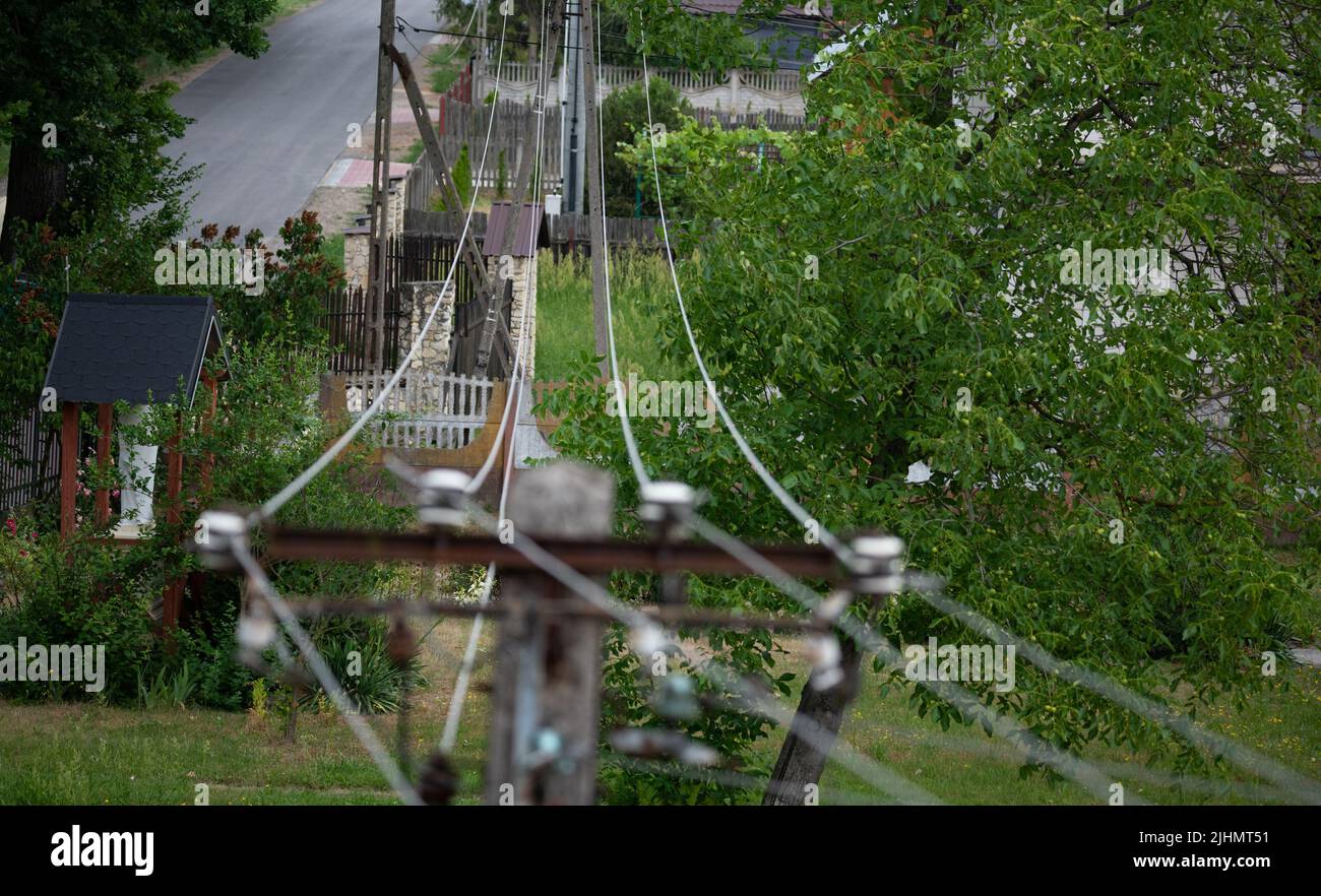 Electrical network. Pole with electric wires. Electric wires on with ...