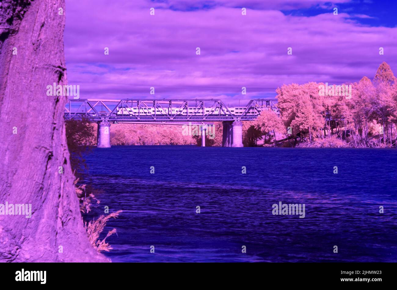 Infrared photograph of a commuter train on the Victoria Bridge crossing ...