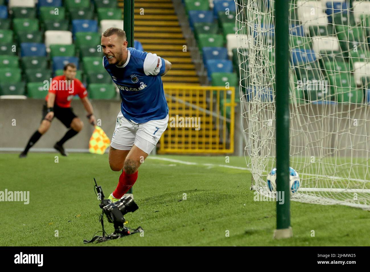Linfield’s Kirk Millar celebrates after scoring during the UEFA ...