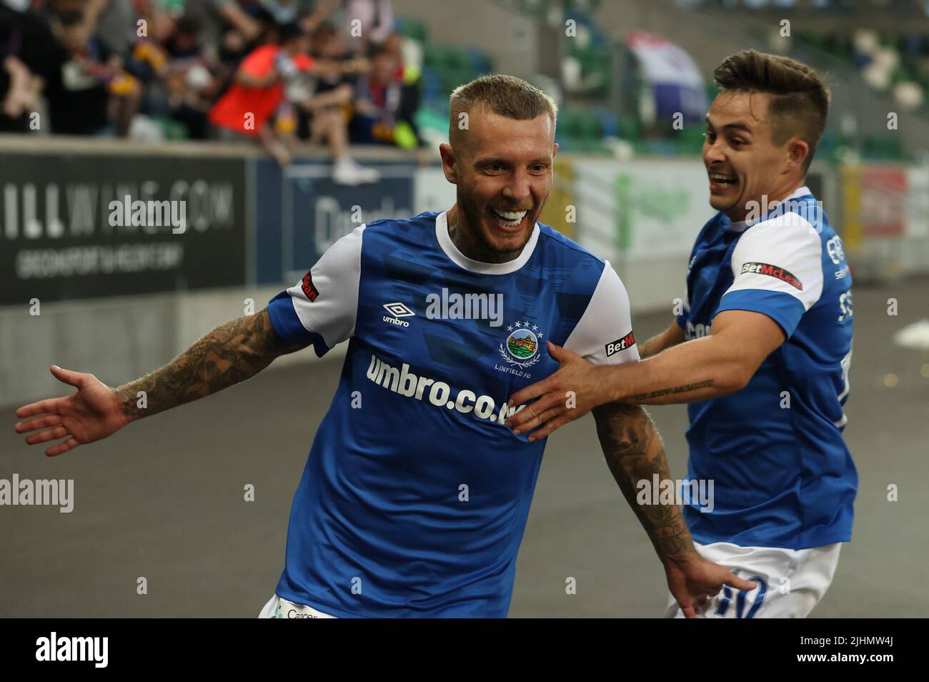 Linfield’s Kirk Millar celebrates after scoring during the UEFA ...