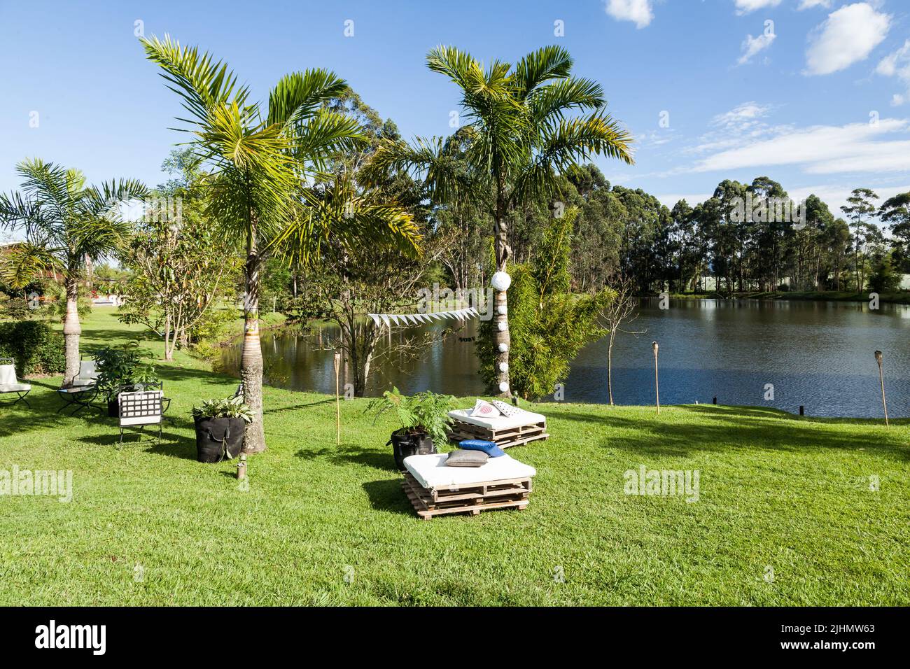 Lounge area for guests outside, improvised sofas Stock Photo - Alamy