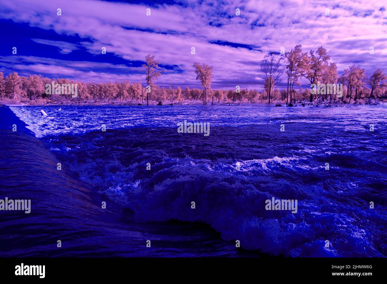 Infrared photograph of flooding at the Penrith Weir in the Nepean River ...