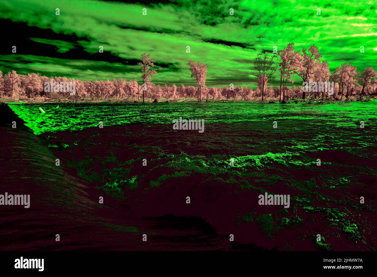 Infrared photograph of flooding at the Penrith Weir in the Nepean River ...
