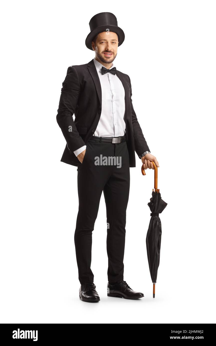 Full length portrait of a young gentleman with a top hat leaning on ...