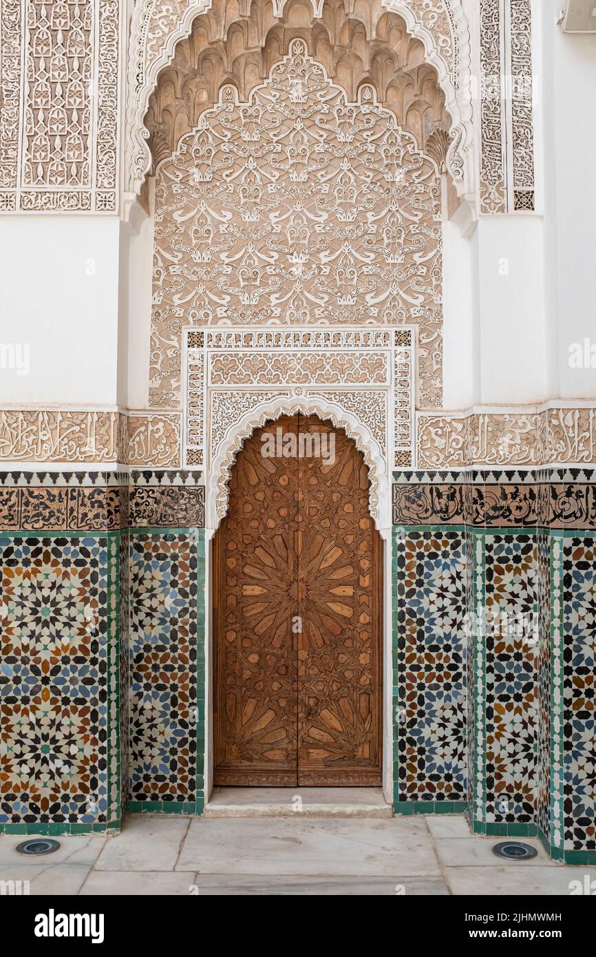 Ancient Moroccan building facade in Arabian style with closed wooden ...