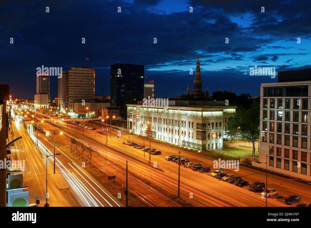 Wide angle long exposure aerial night view of Lodz cityscape with mix ...