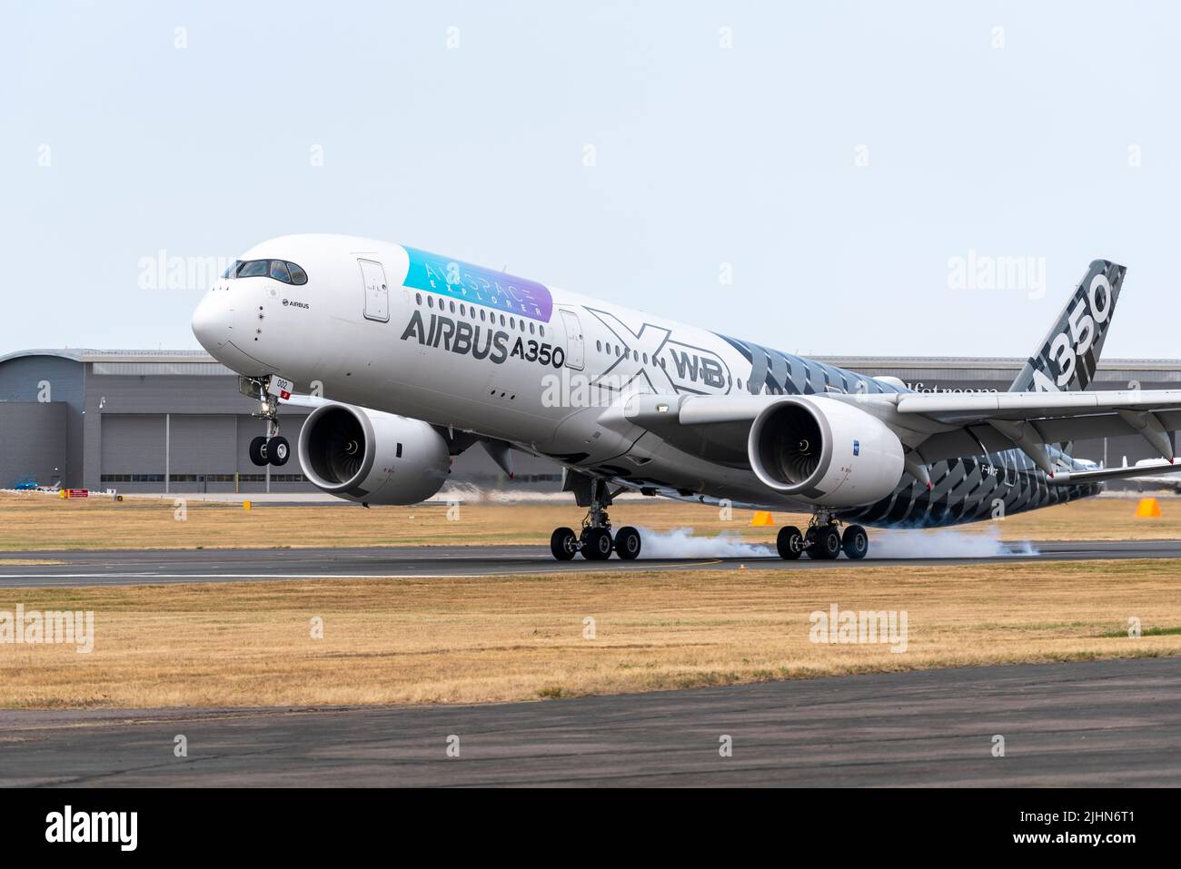 Airbus A350 airliner jet plane landing after display at the Farnborough ...