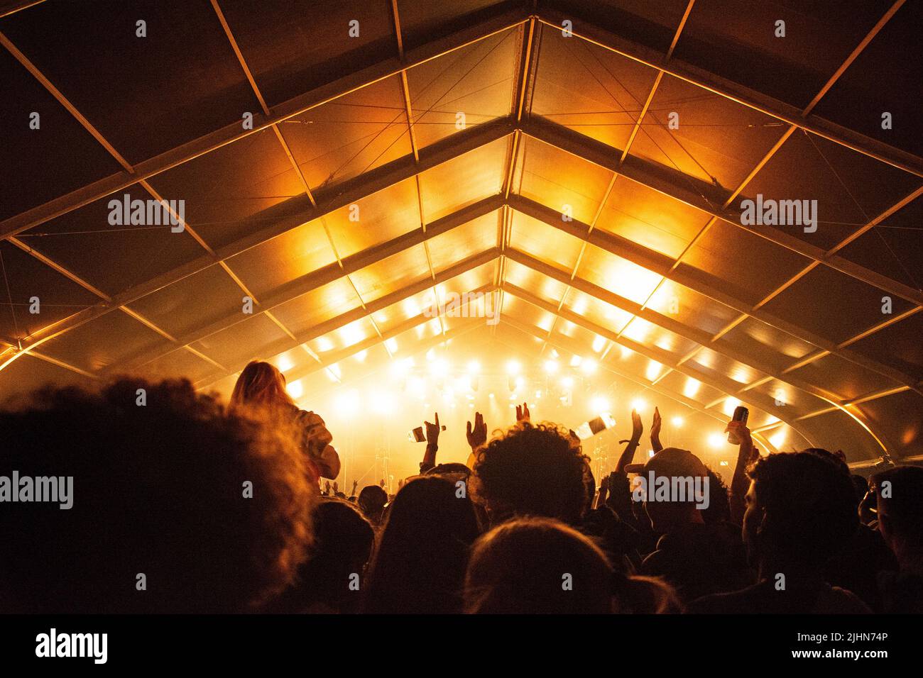 Crowd at concert - Cheering crowd in bright colorful stage lights Stock ...