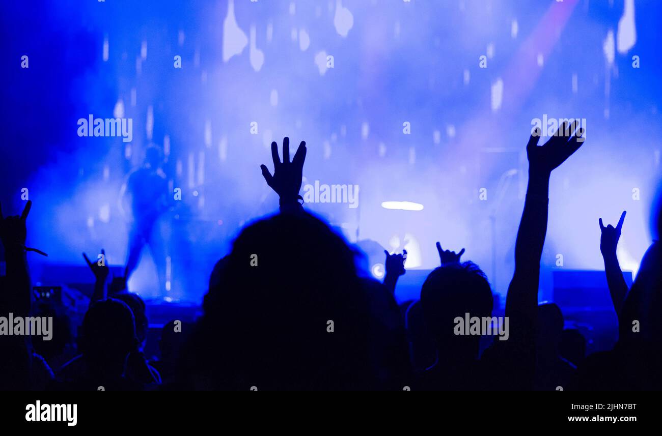 Crowd at concert - Cheering crowd in bright colorful stage lights Stock ...