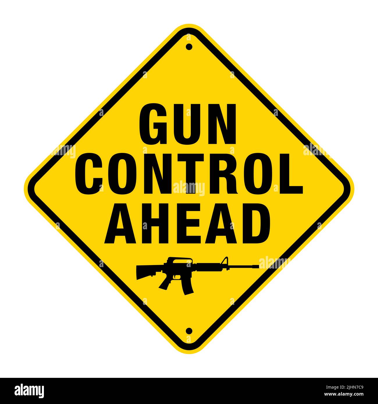 A yellow road sign with the words GUN CONTROL AHEAD and an assault ...