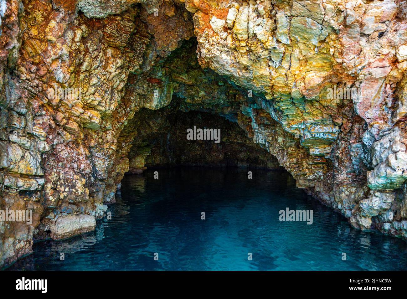 The famous caves of Votsi beach area in eastern Alonissos as seen ...