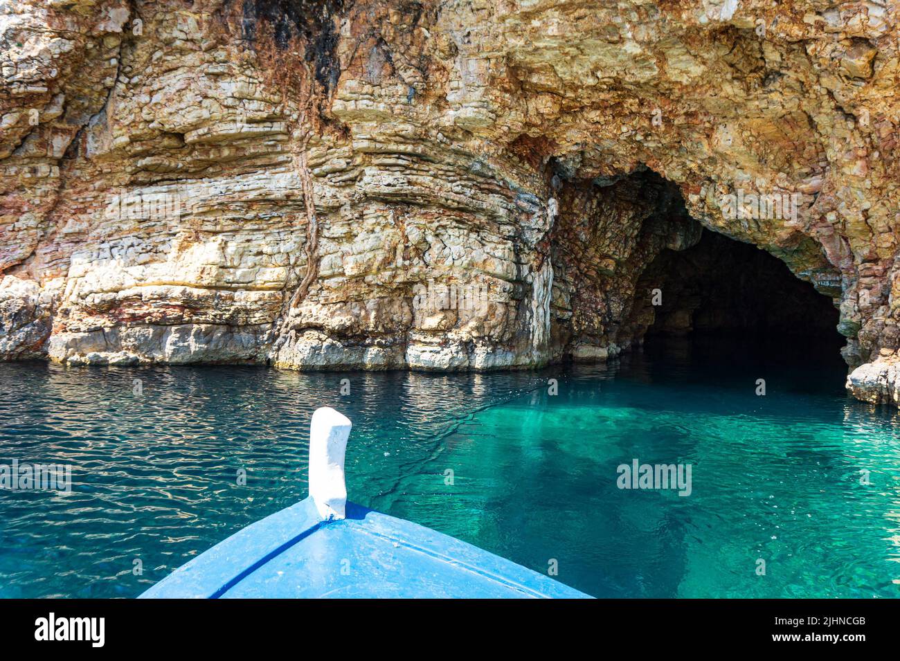 Boat trip view towards the famous caves of Votsi beach in Alonnisos ...