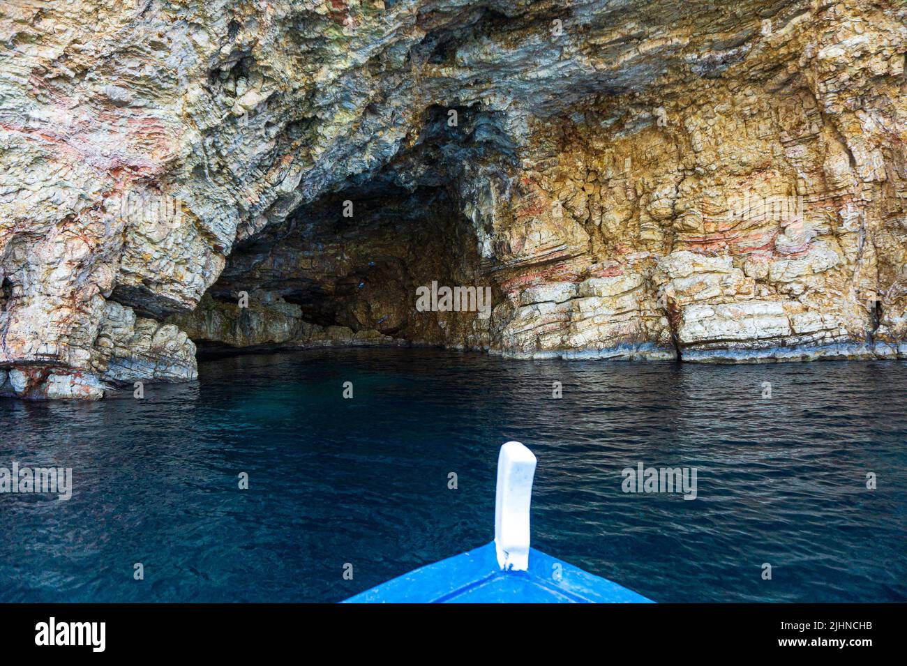 Boat trip view towards the famous caves of Votsi beach in Alonnisos ...