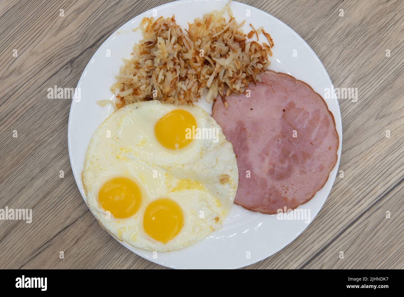 Overhead view of standard American breakfast consisting of ham, fried ...