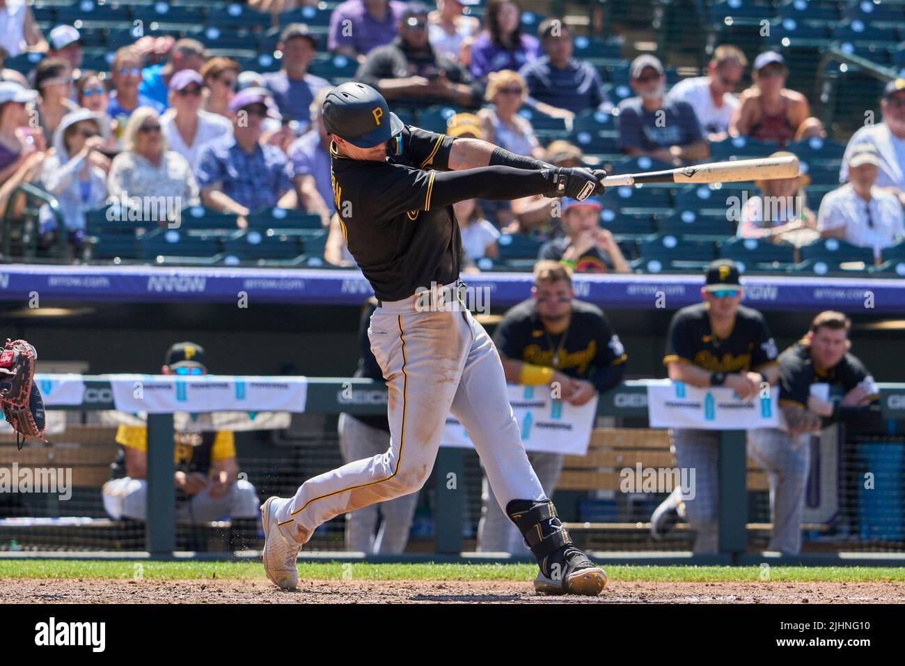 Denver CO, USA. 17th July, 2022. Pittsburgh second baseman Kevin Newman ...